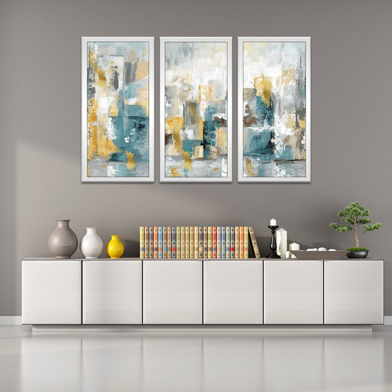 A set of abstract paintings, a mixture of turquoise, yellow and gray ...